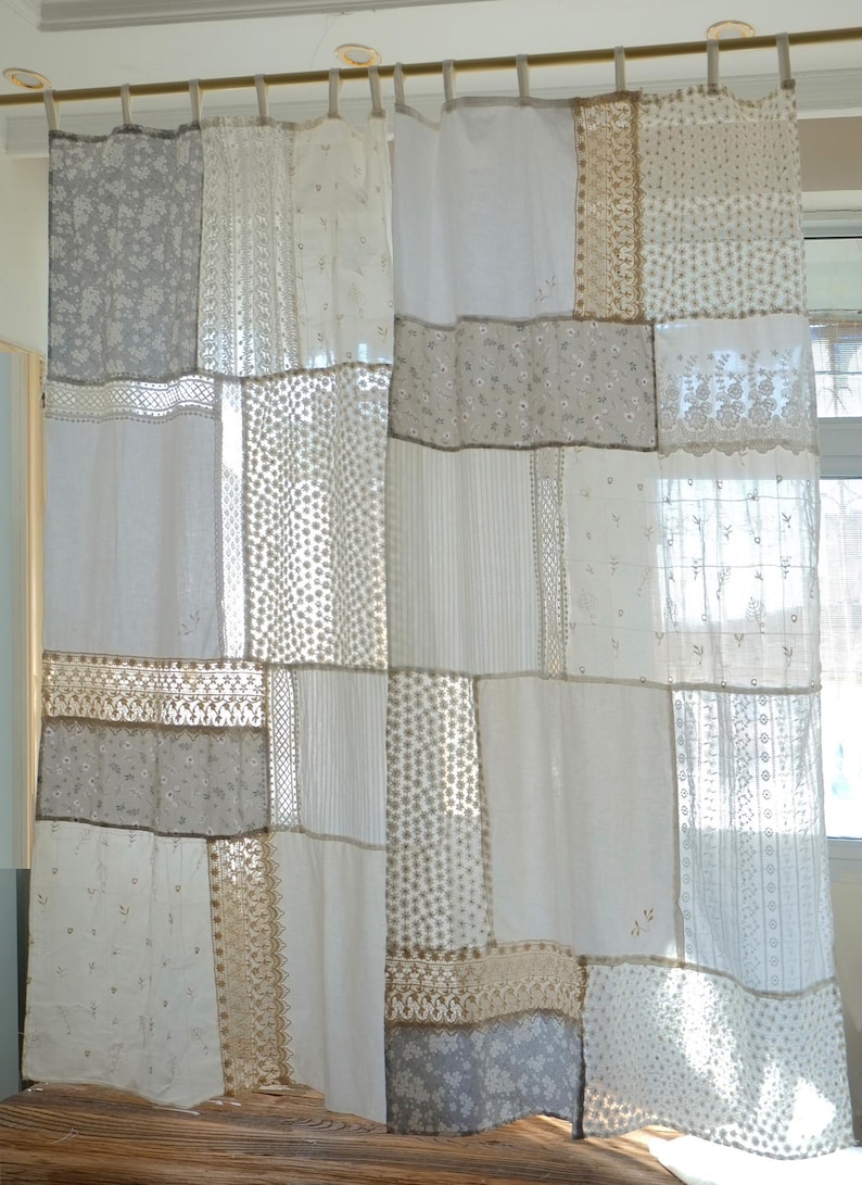 Farmhouse Patchwork Lace Curtain Panel French Country Shabby Chic ...