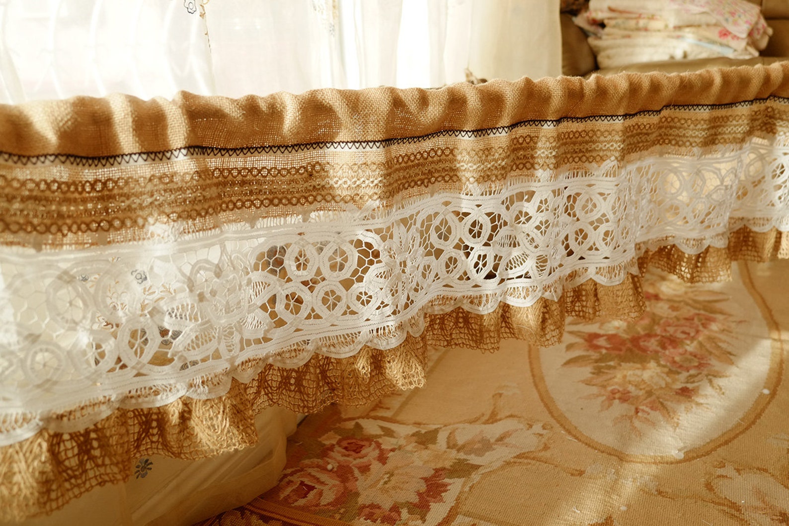 Custom Burlap Window Valance Curtain Vintage White Doily Lace - Rustic ...
