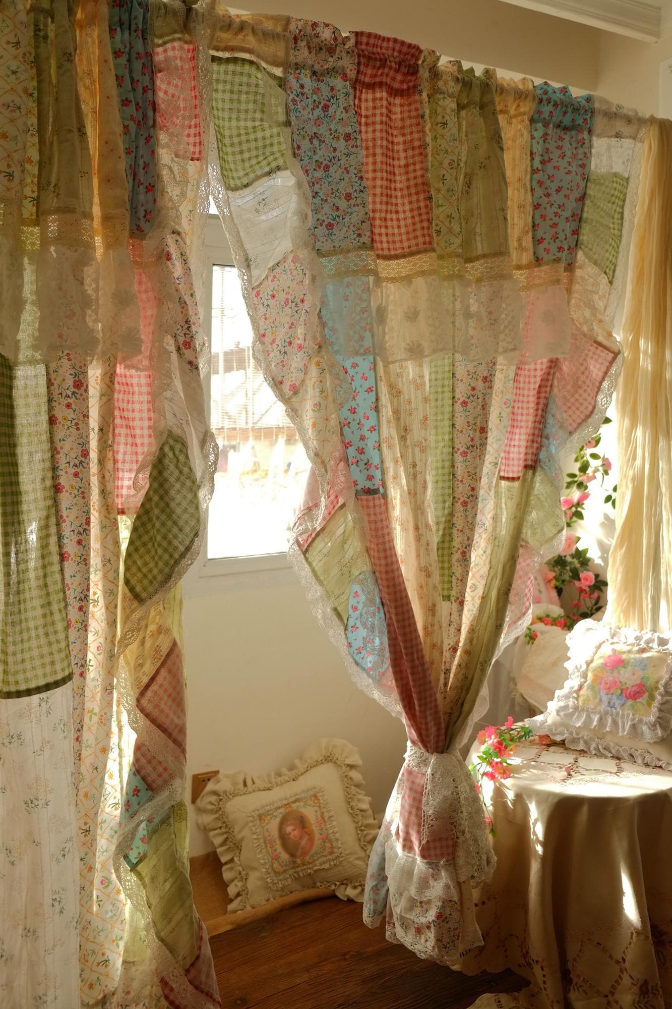Colorful Patchwork Lace Curtain Panel French Country Shabby Chic Drapes ...
