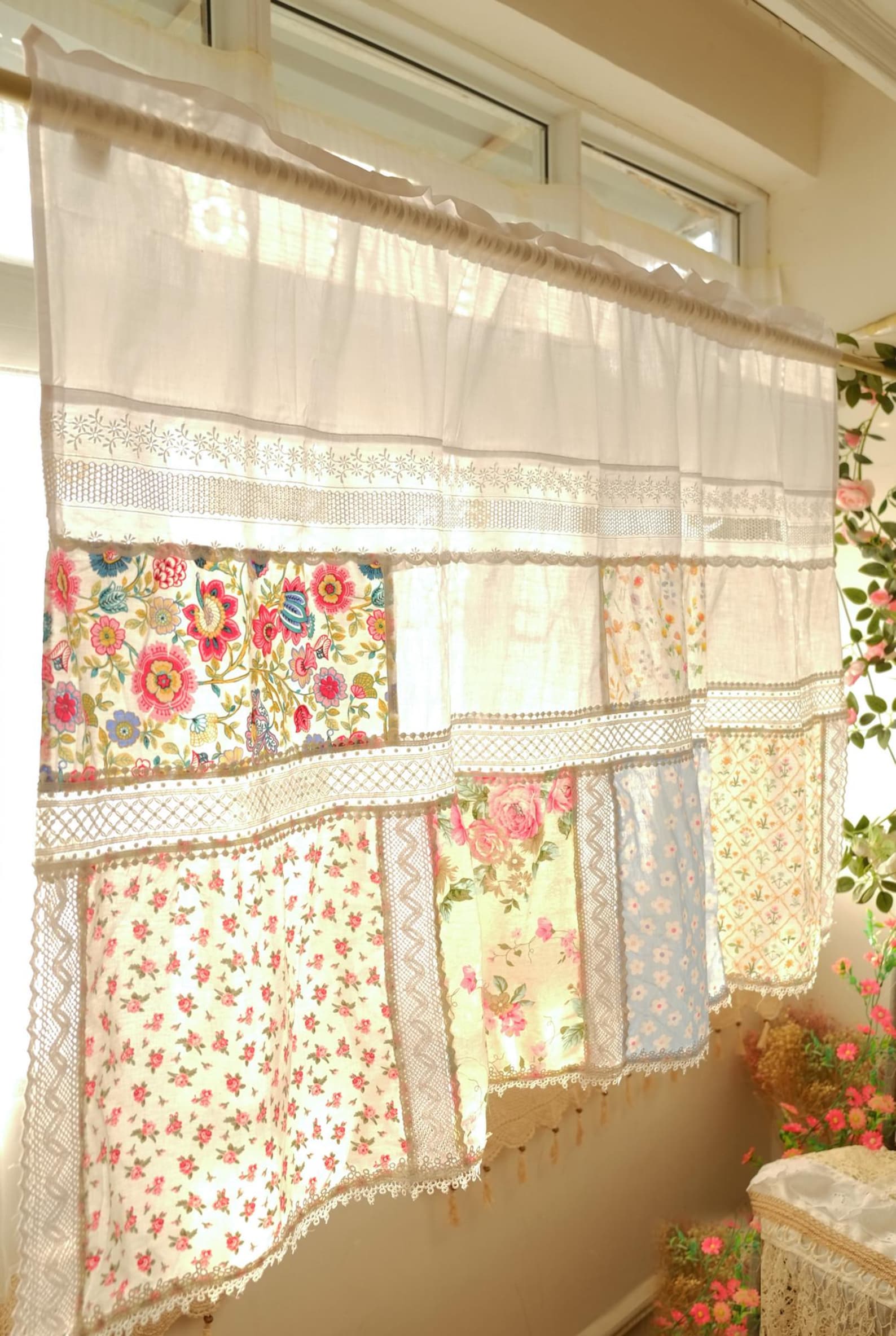 Patchwork Lace Curtain Valance, Shabby Chic Cottagecore Floral ...
