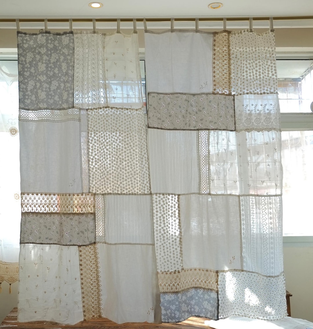 Farmhouse Patchwork Lace Curtain Panel French Country Shabby Chic ...