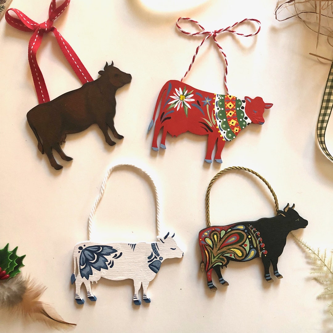 Old World Hand Painted Cow Ornaments Wooden Ornaments in Traditional ...