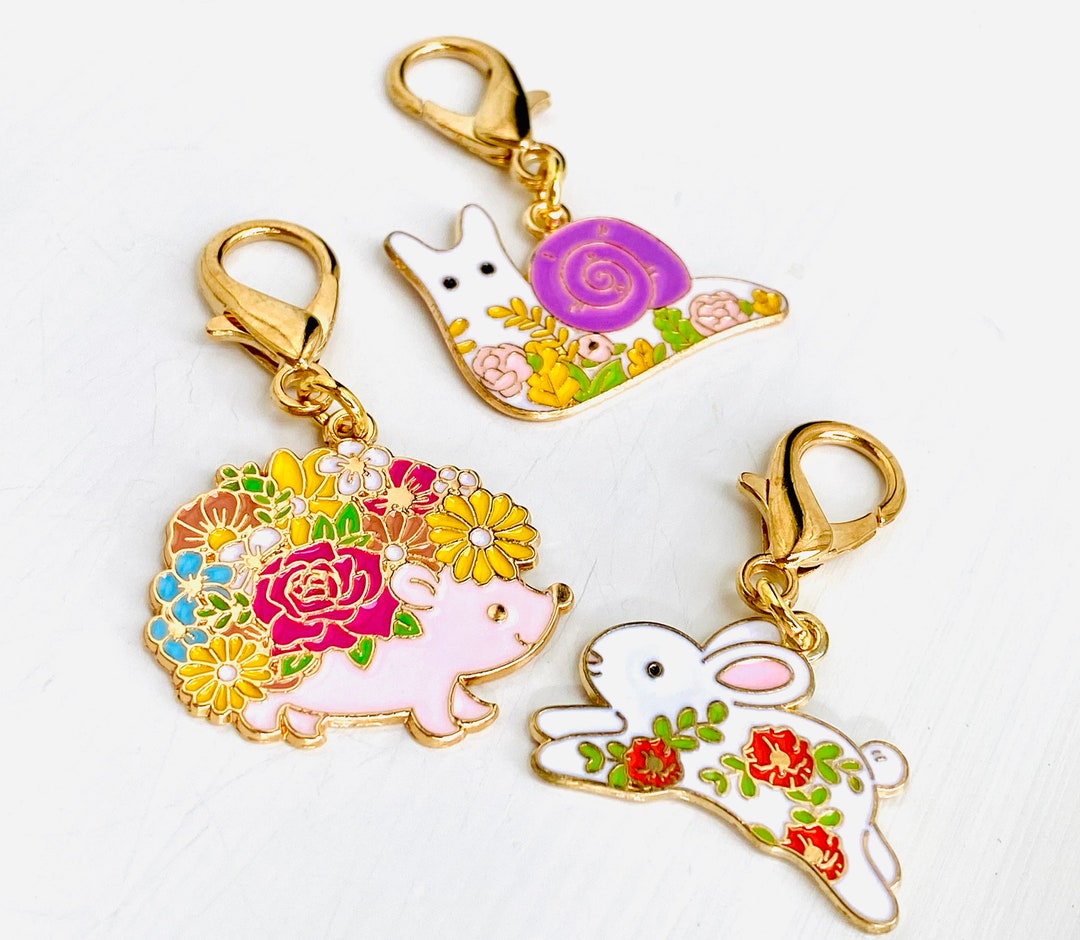 1 Floral Animal Zipper Pull: Spring Bunny, Hedgehog or Snail Charm ...