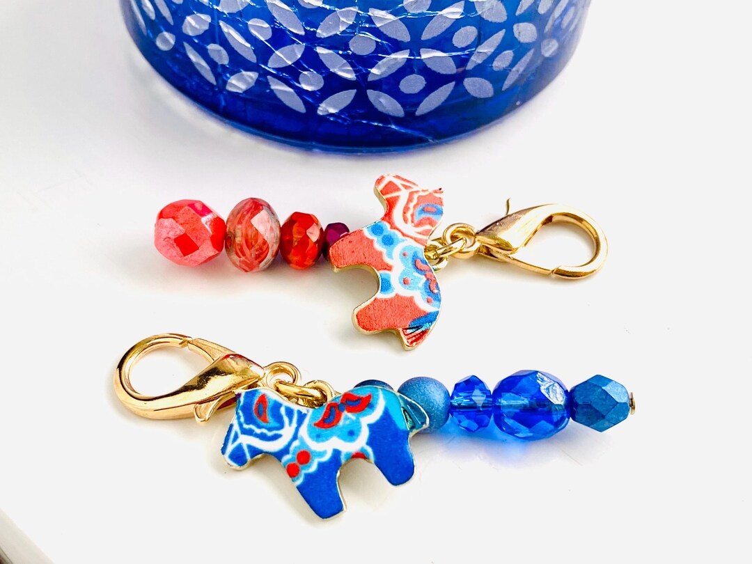 1 Dala Horse Zipper Pull: Enamel Charm With Czech Glass Beads - Etsy