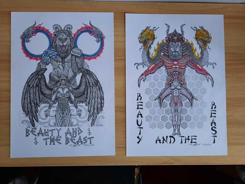 Set of Two Original A3 Size Ink Drawings of beauty and the Beast ...