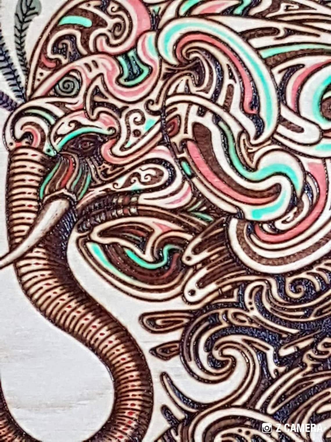 Unframed A3 Size Majestic Tribal Tattoo Elephant Pyrography wood ...