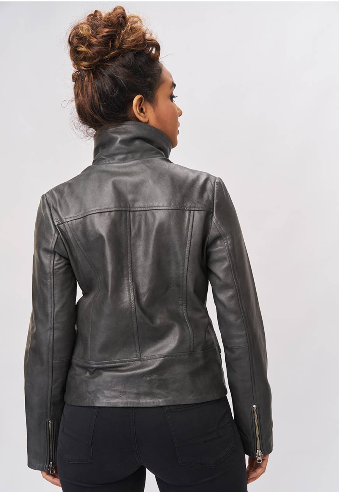 Leather Jacket With Buckle Collar Graphite Grey - Etsy
