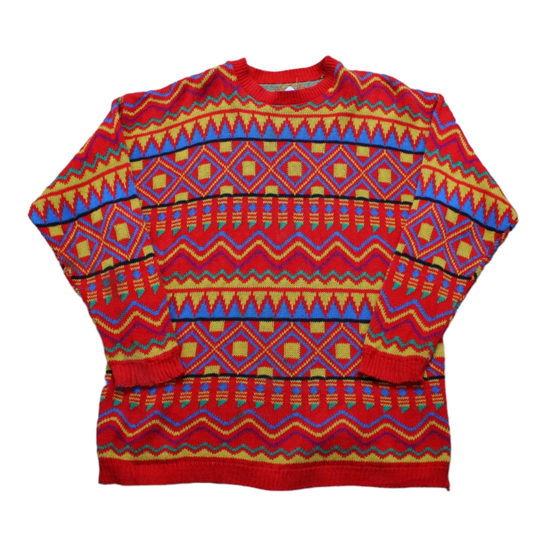 1990s Bright Colour Geometric Pattern Knit Sweater Size L - Etsy