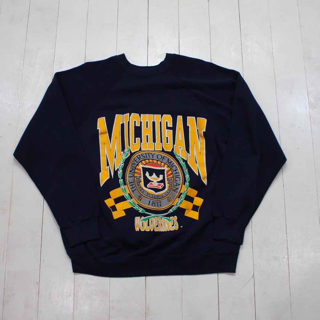 1990s Tultex University of Michigan Wolverines Crest Blue Raglan ...