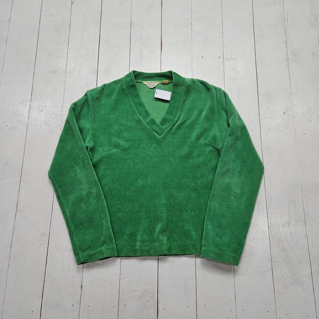 1970s Sears Green V-neck Velour Sweatshirt Made in USA Women's Size M ...