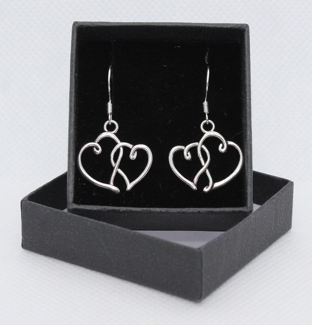 Double Heart Dangle Earrings - Valentine's Gift: Sterling Silver Hooks ...
