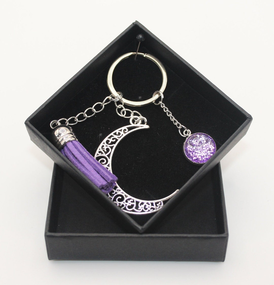 Crescent Moon Keyring: Purple Glitter Resin, Tibetan Silver Charm - Etsy