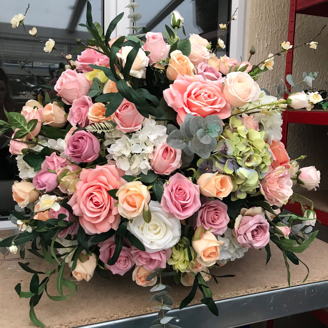 Peach Pink Artificial Roses and Blossoms Flower Centrepiece Wedding ...