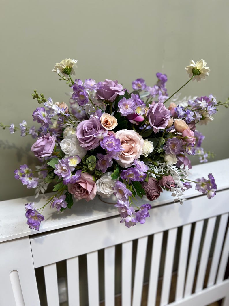 Lilac Flower Urn Centerpiece: Low-profile Artificial Floral Arrangement ...