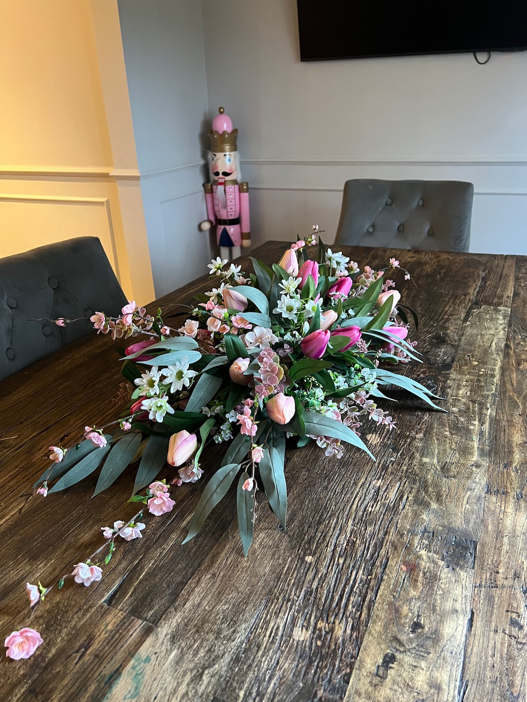 Pink Cherry Blossom & Tulip Table Centerpiece: Silk Floral Arrangement ...
