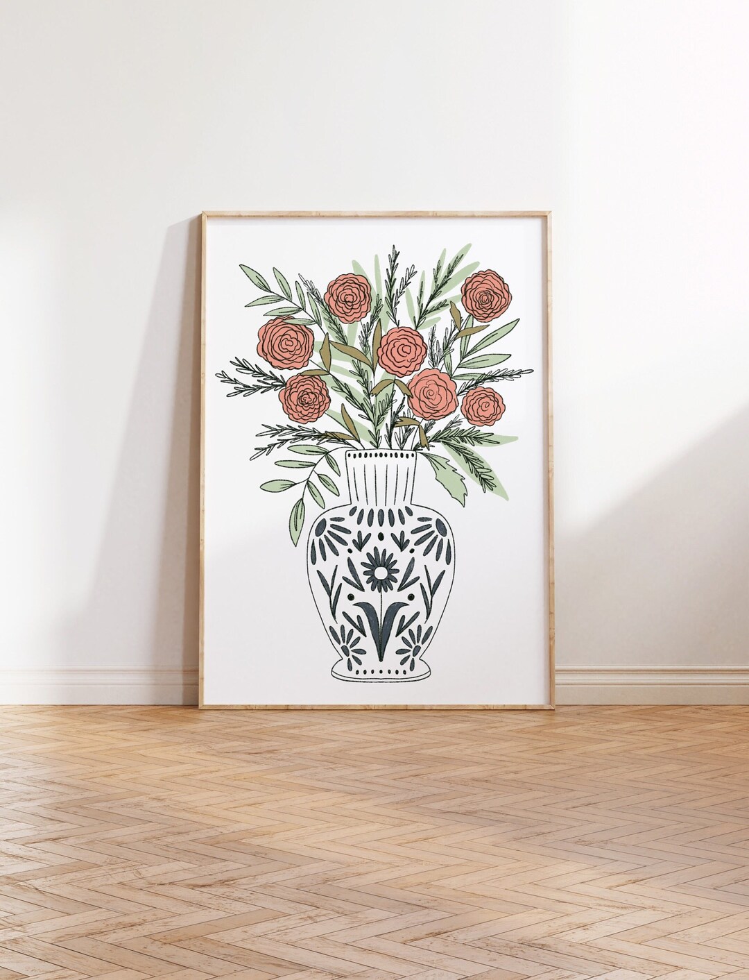 Digital Print, Flowers in Vase Art, Vintage Style, Roses Greenery Vase ...