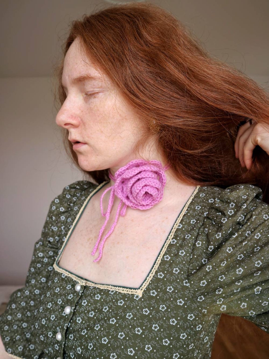 Rose Choker, Flower Choker, Crochet Choker, Knitted Choker, Pink Choker ...