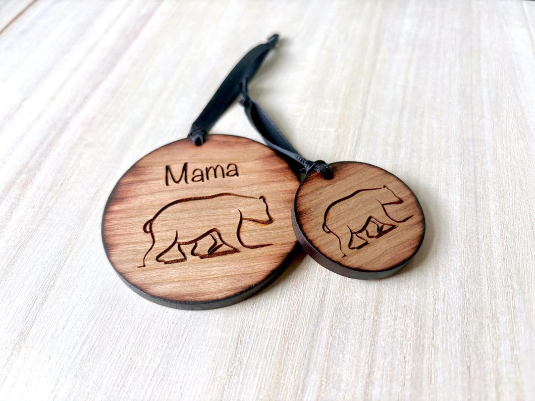 Set of Decorations in Natural Wood Mama and Baby Bear. Rustic Ornaments ...