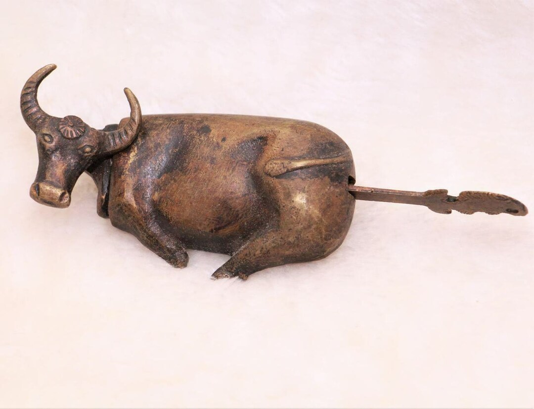 Vintage Chinese Brass Cow Lock / With Key moooving Head on This One ...