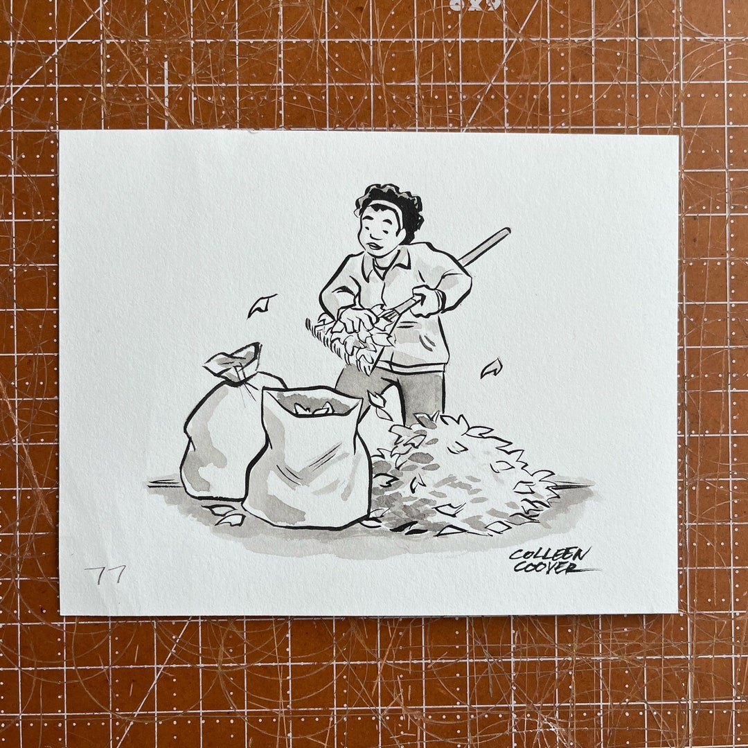 Raking Leaves Ink Wash Art: Small Drawing by Colleen Coover - Etsy