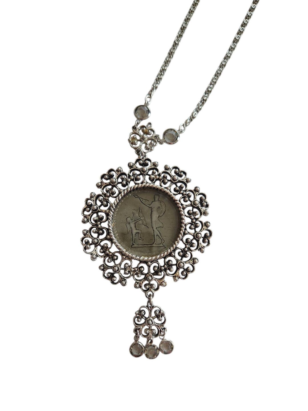 Vintage Goldette Intaglio Cameo Necklace Reverse Glass Gray Silver Tone ...