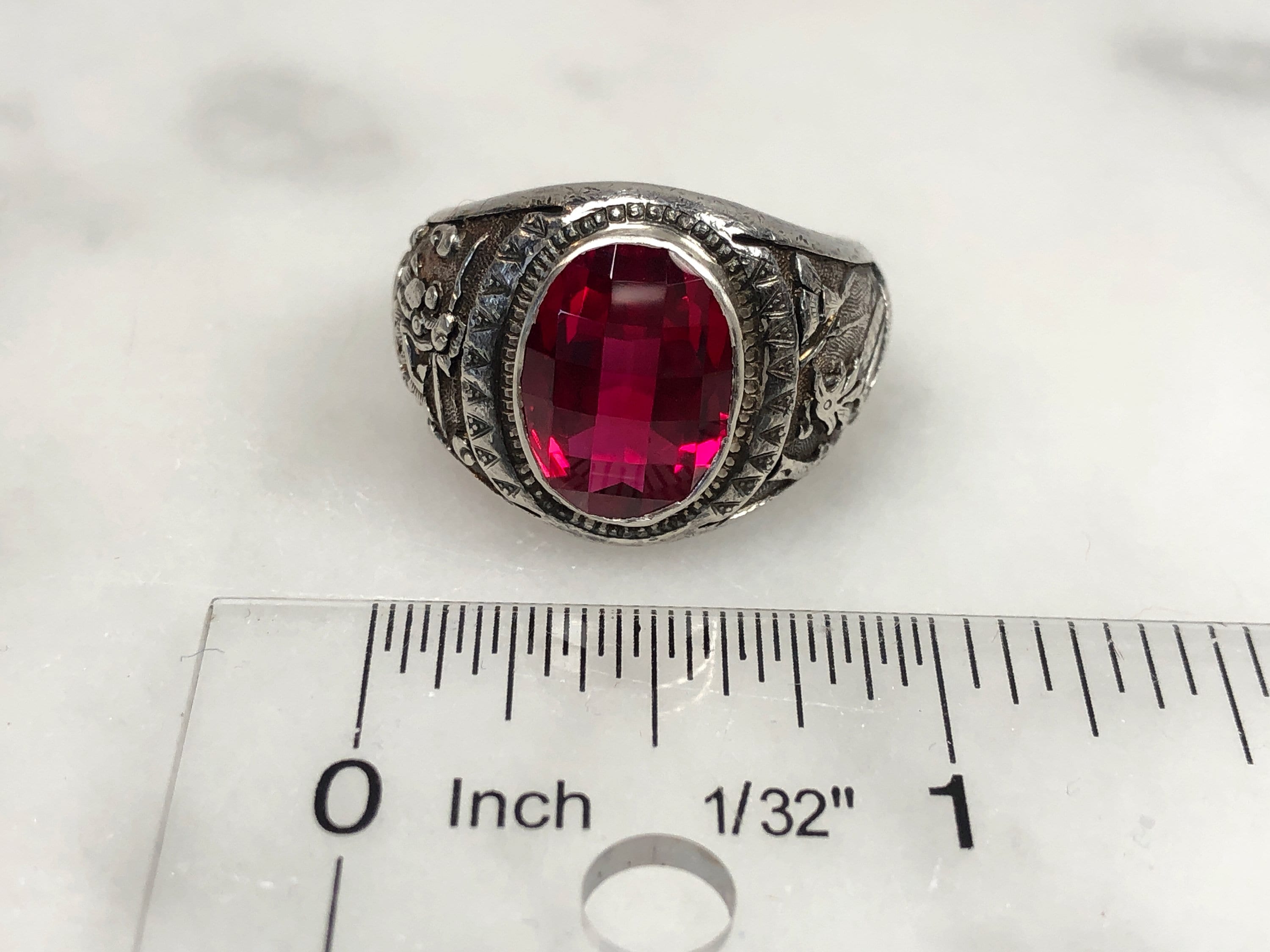 Chinese Silver Ring With Synthetic Ruby, Dragon and Phoenix on the ...