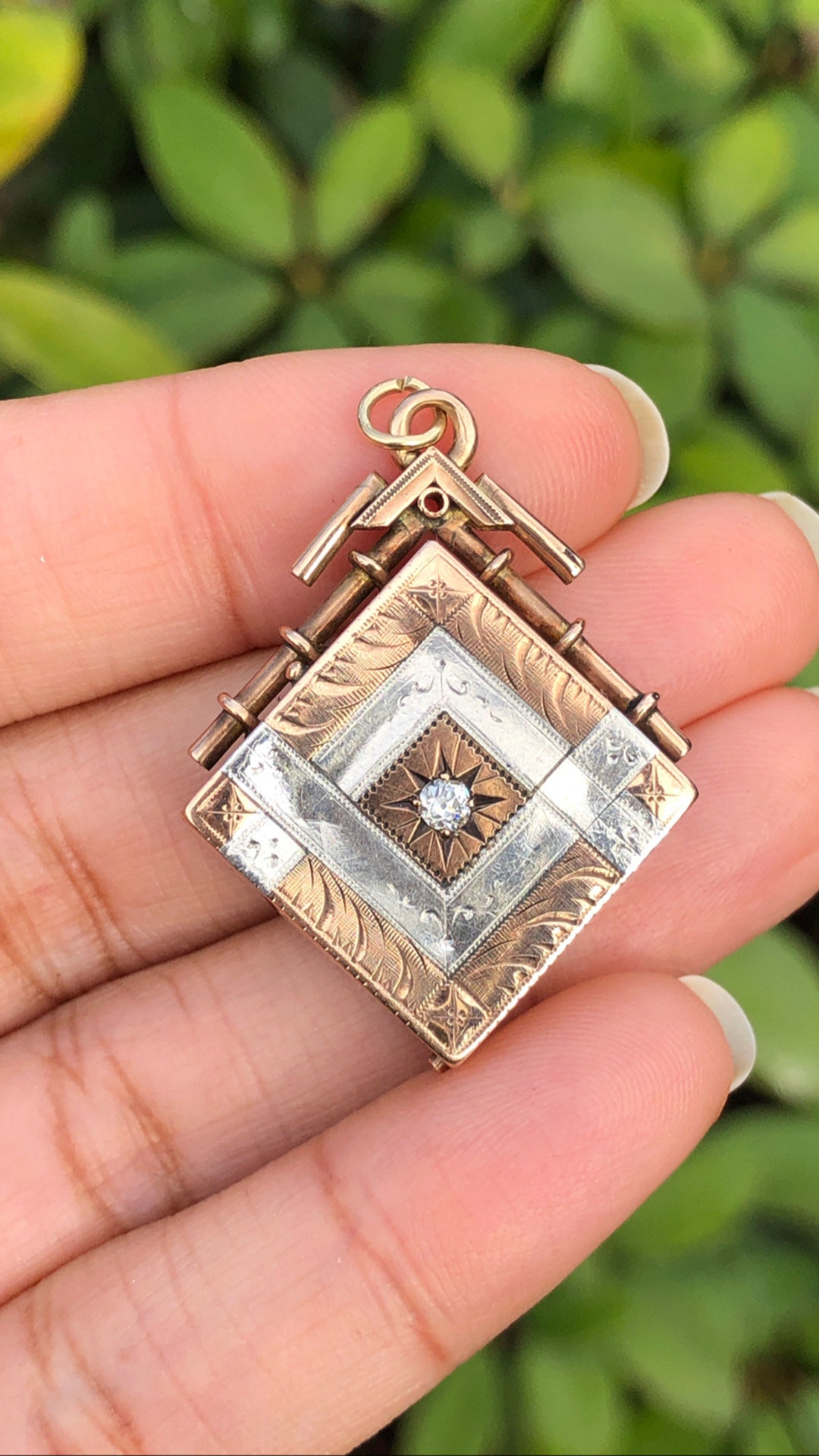 10K Victorian Rose and White Gold Locket, Diamond Shape, .1 Ct Old Mine ...