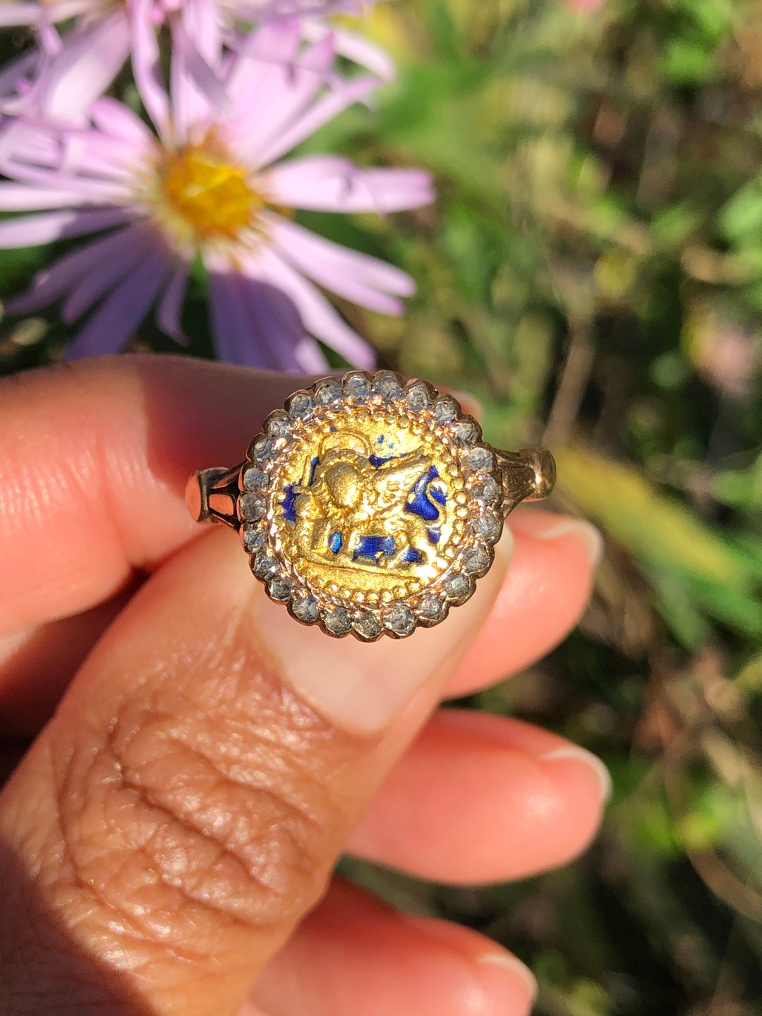 14K Yellow and Rose Gold St. Marks Lion Ring, Blue Enamel, Rose Cut ...