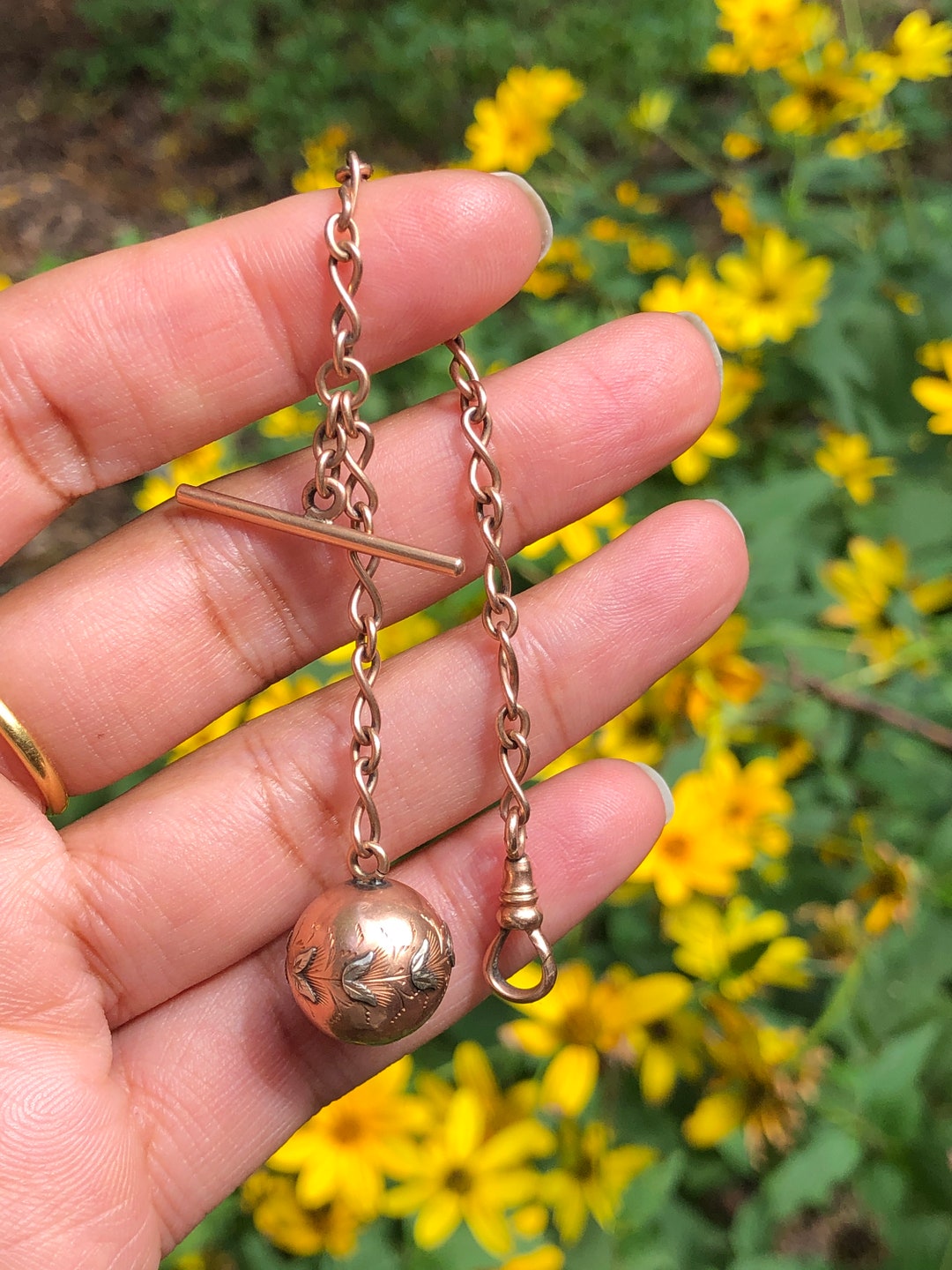 14K Rose Gold Watch Chain With Ball Fob and T Bar, 6 Inches. 6.4 Grams ...