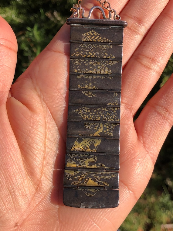 14K Japanese Shakudo Folding Panel Fob with Design on… - Gem