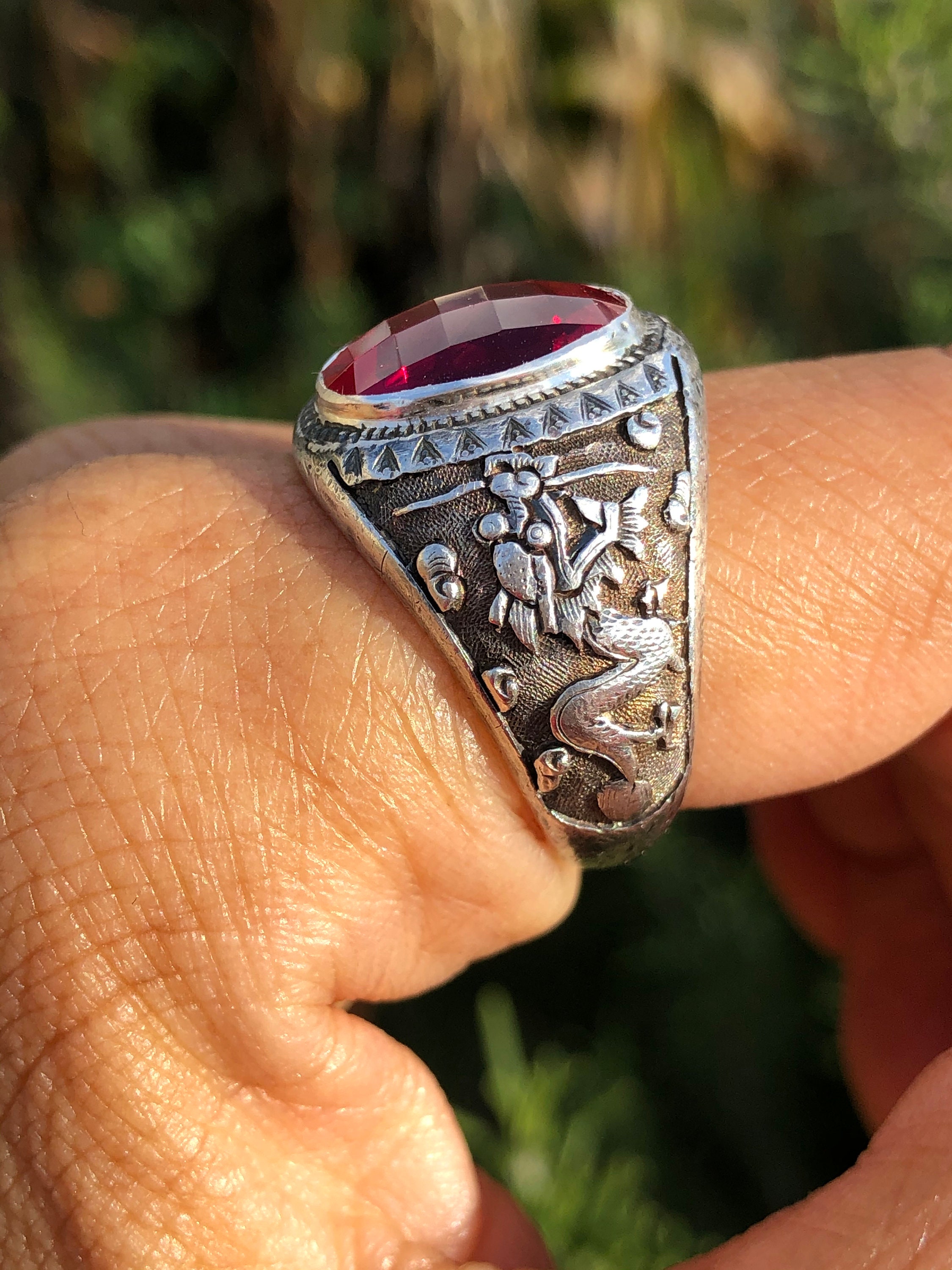 Chinese Silver Ring With Synthetic Ruby, Dragon and Phoenix on the ...