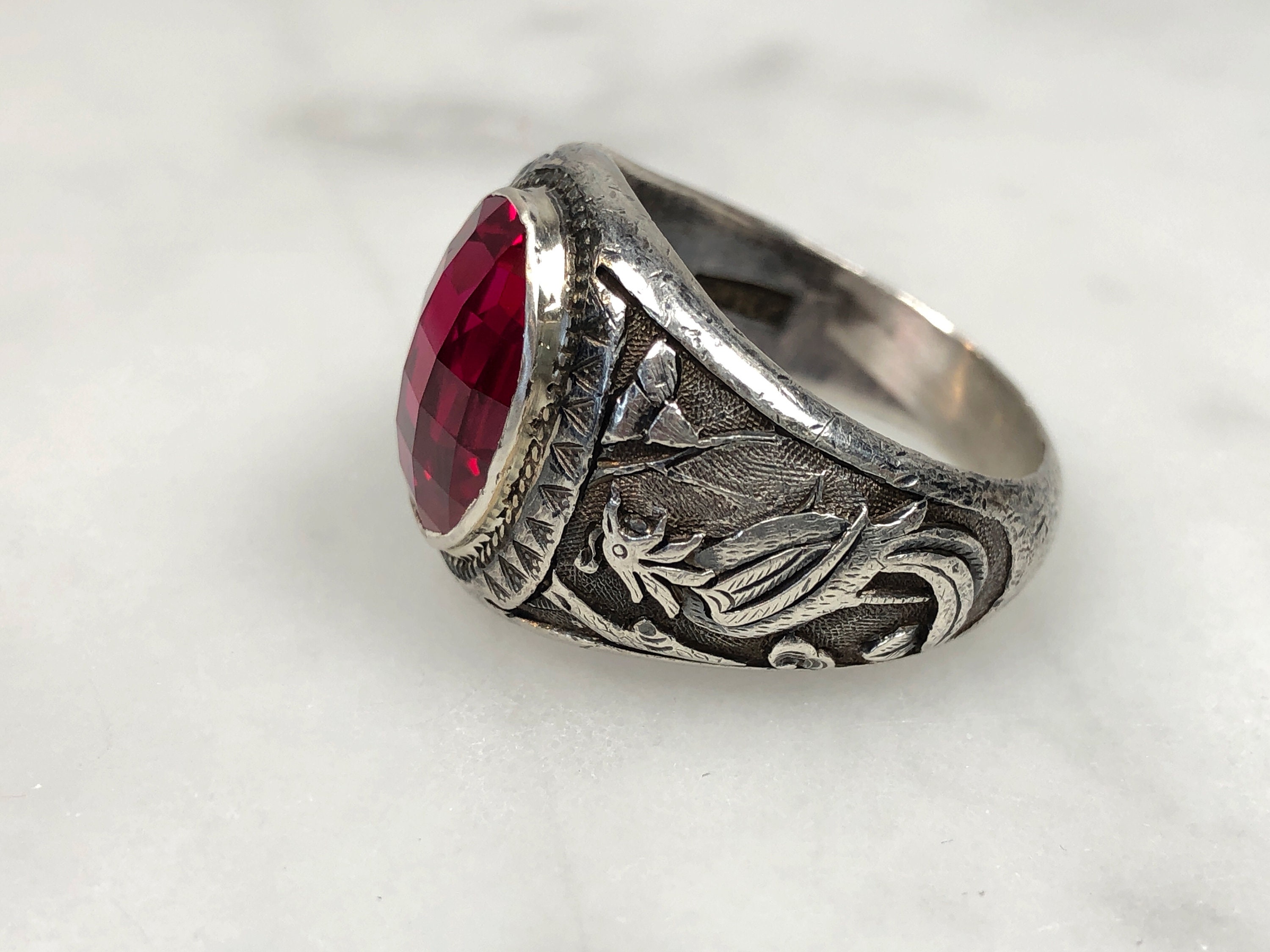 Chinese Silver Ring With Synthetic Ruby, Dragon and Phoenix on the ...