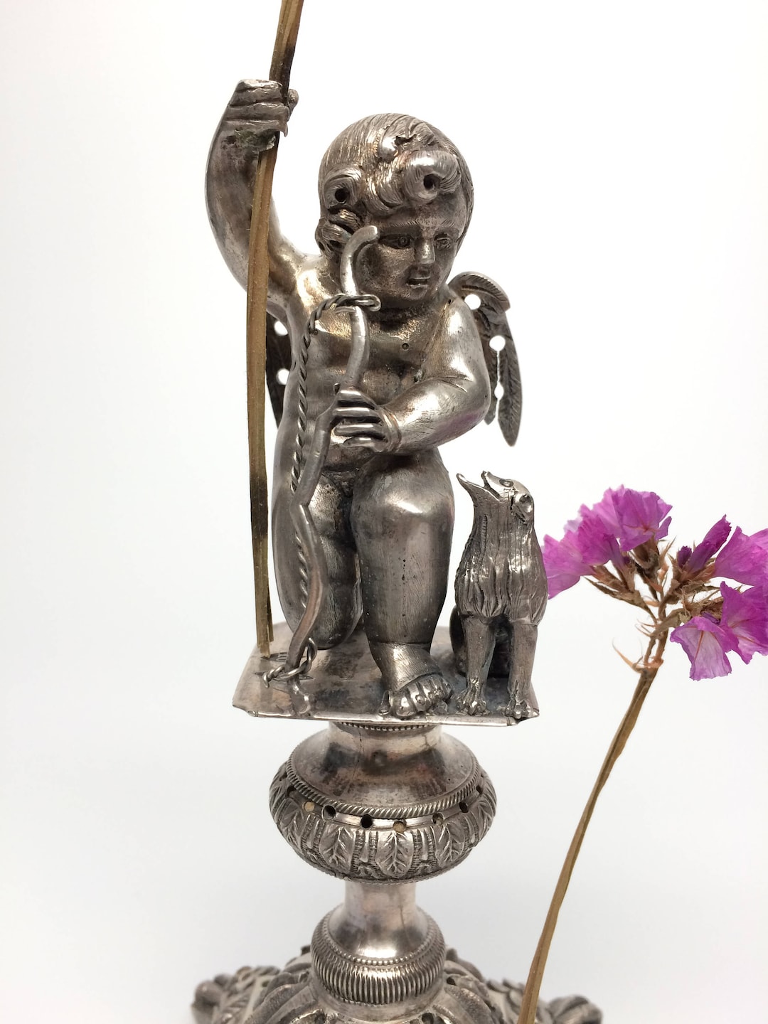 Antique Cherub & Dog Silver Statue Spanish Colonial Brazil 1800s. # ...
