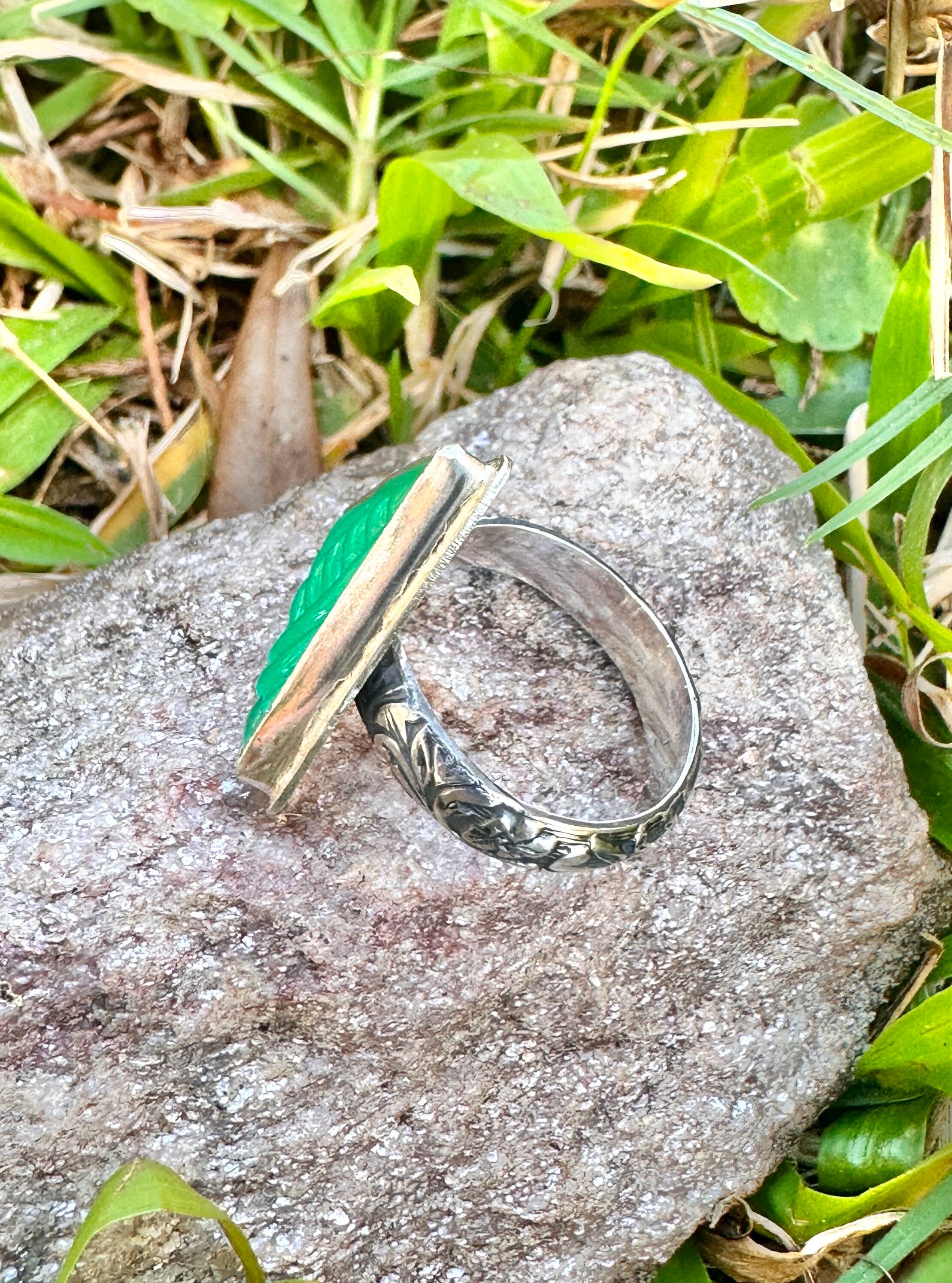 Uranium Glass Triangle Sterling Silver Ring UV Glow Vintage Czech Glass ...