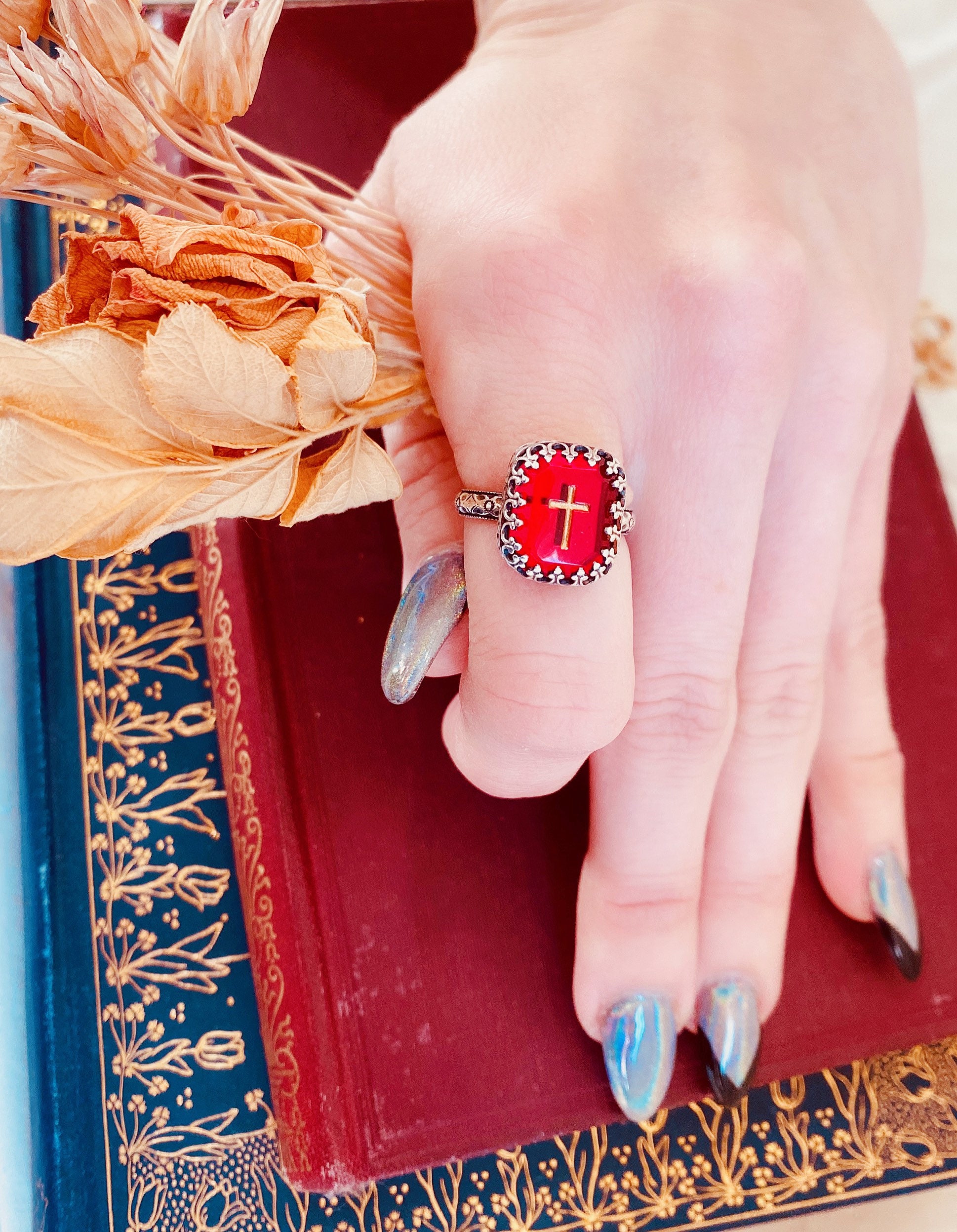 Red Gothic Cross Vintage Glass Victorian Sterling Silver Ring - Etsy