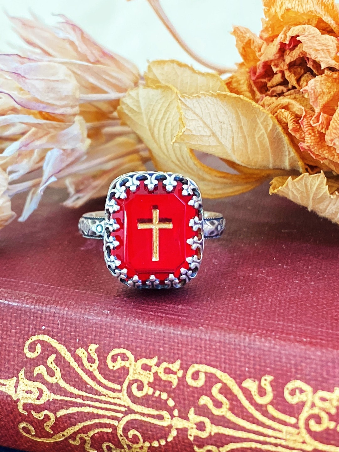 Red Gothic Cross Vintage Glass Victorian Sterling Silver Ring - Etsy
