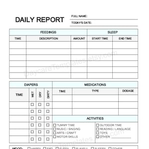 Daily Toddler Report, Printable Toddler Log, Infant Daily Log, Daycare ...