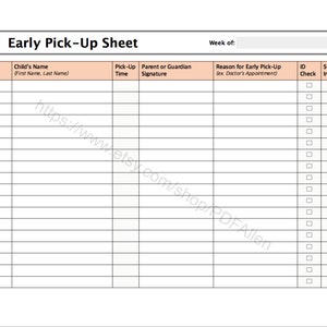 Editable Daycare Sign In/out Sheet. Daycare Early Pick-up Sheet ...