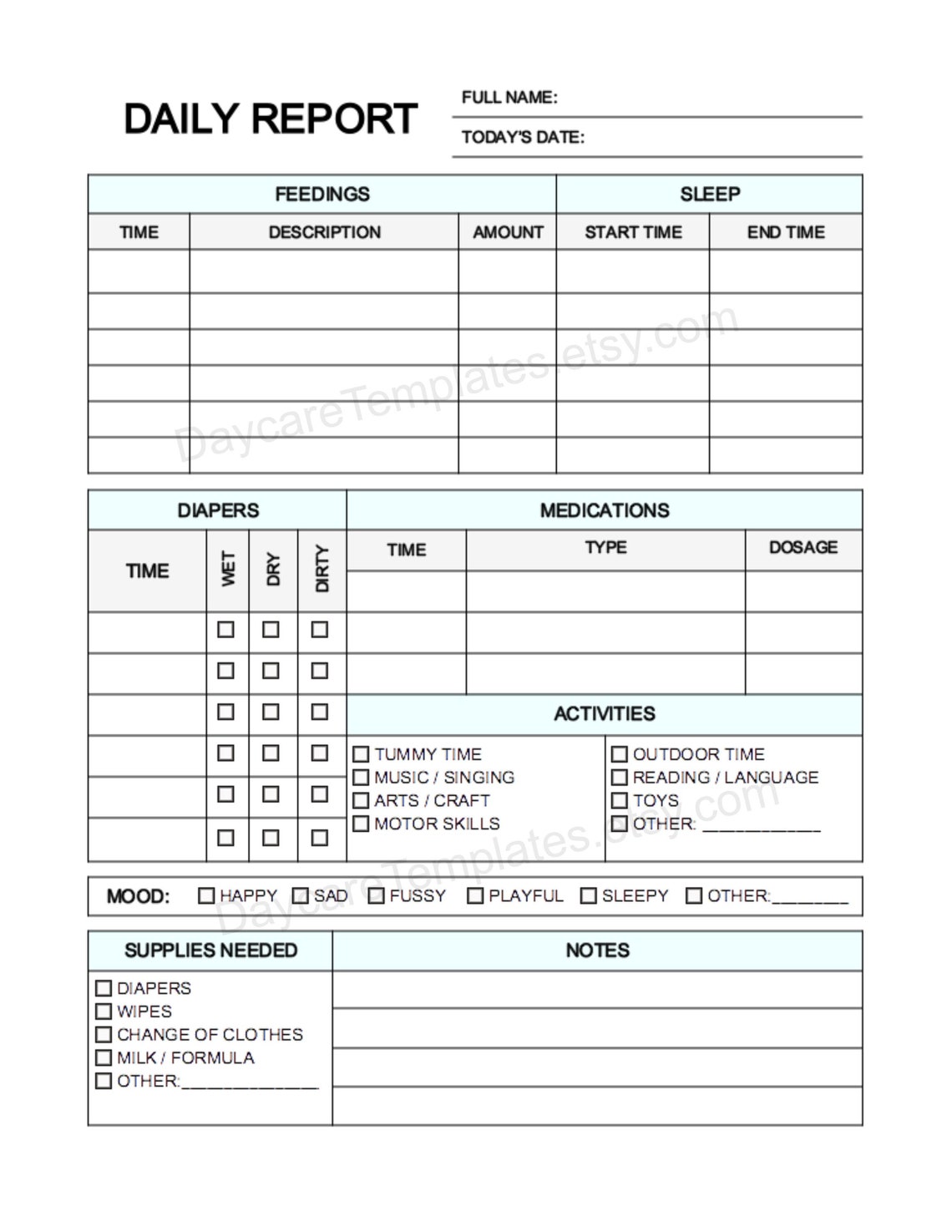 Daily Toddler Report, Printable Toddler Log, Infant Daily Log, Daycare ...