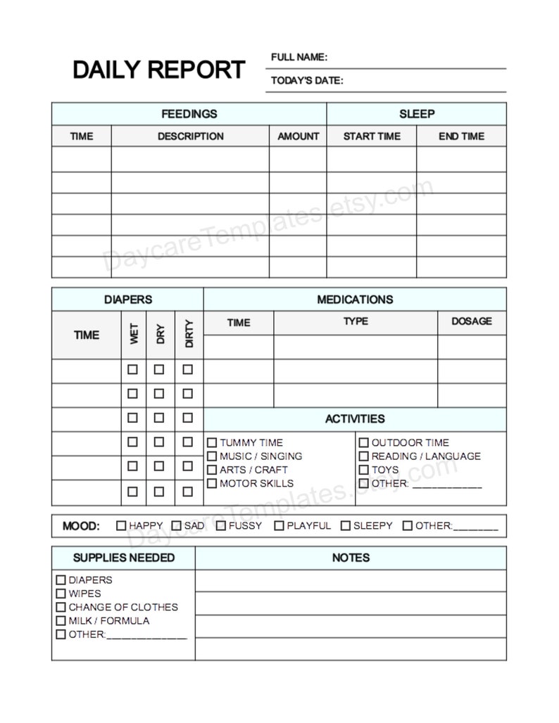 Daily Toddler Report, Printable Toddler Log, Infant Daily Log, Daycare ...