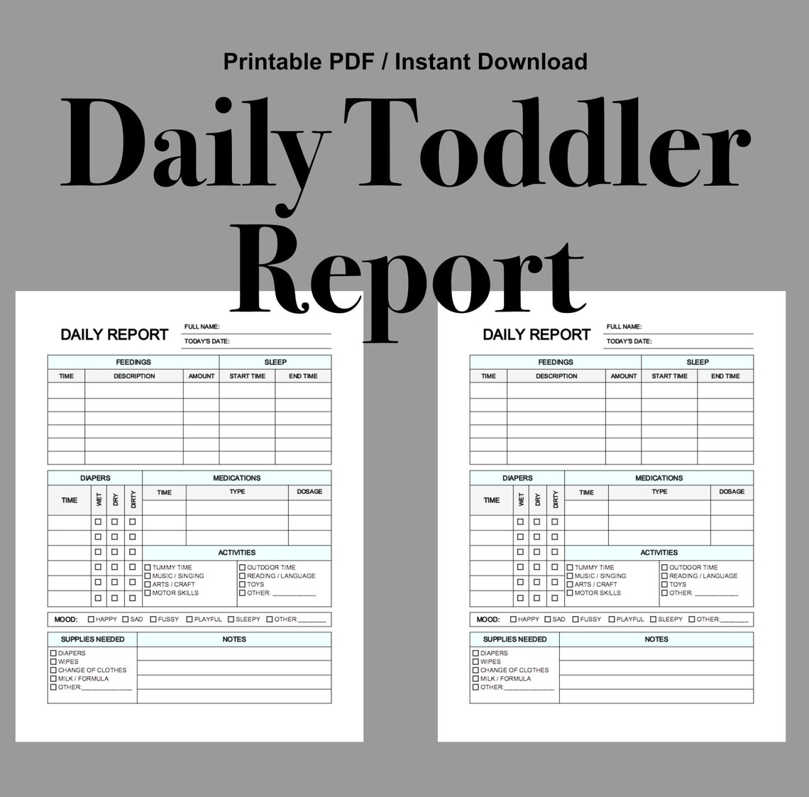 Daily Toddler Report, Printable Toddler Log, Infant Daily Log, Daycare ...