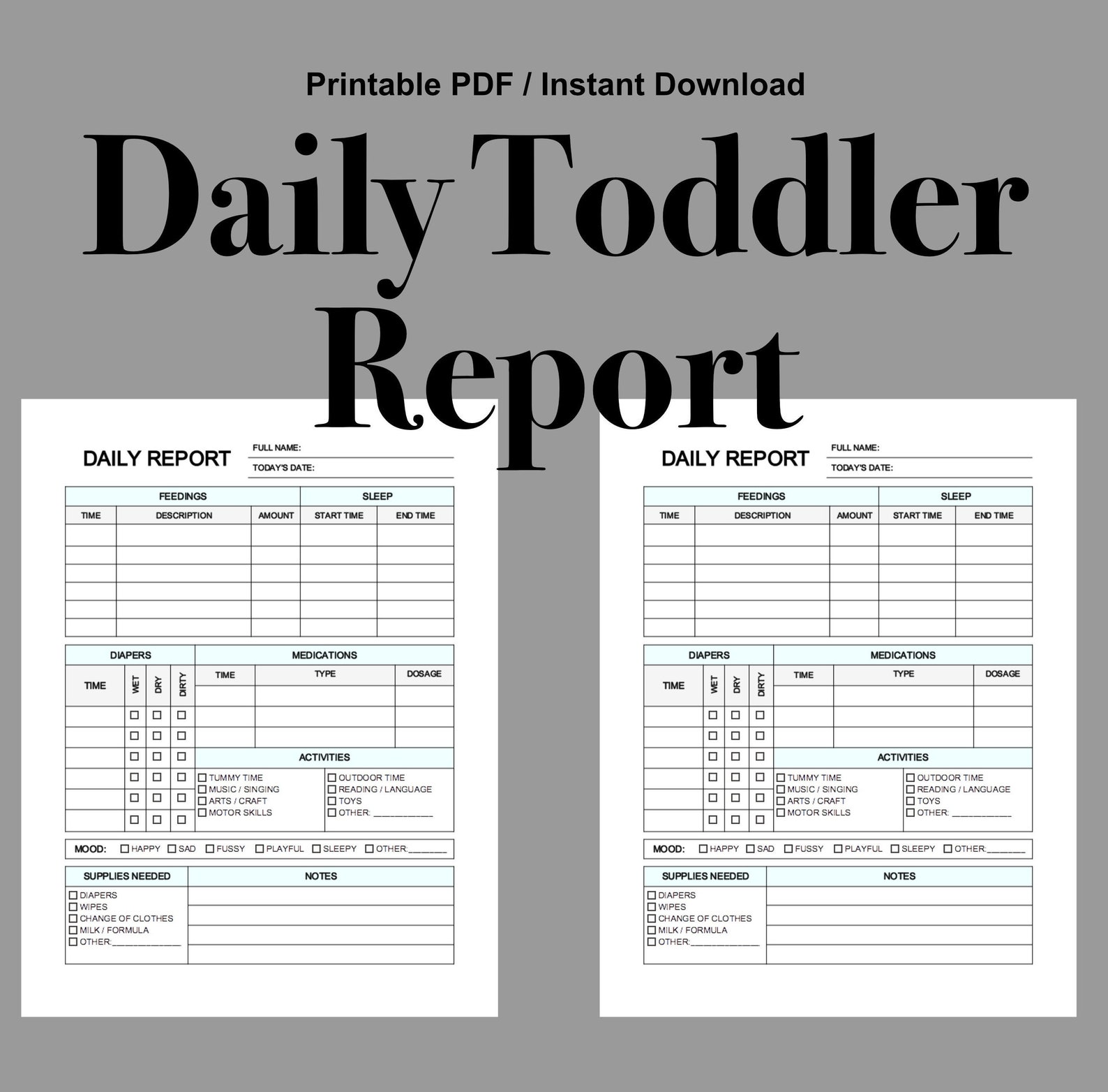 Daily Toddler Report, Printable Toddler Log, Infant Daily Log, Daycare ...