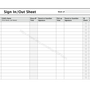 Editable Daycare Sign In/out Sheet. Daycare Early Pick-up Sheet ...