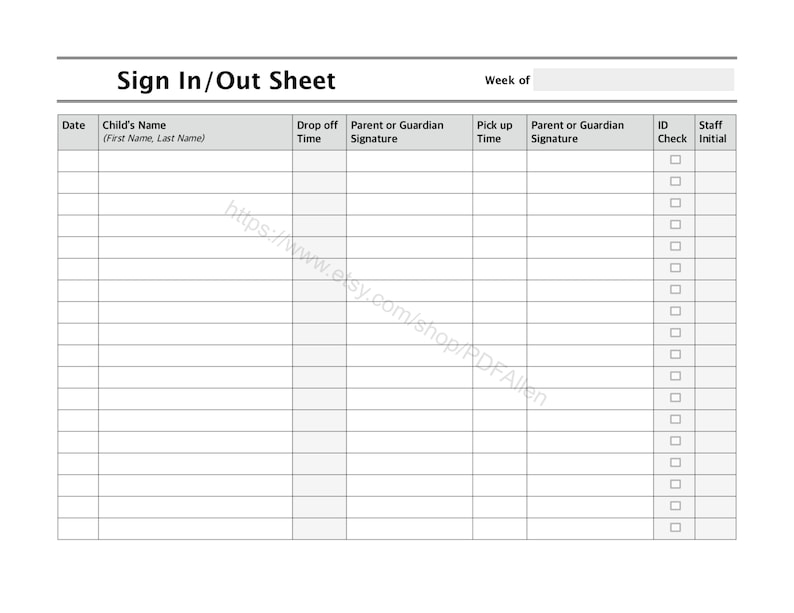 Editable Daycare Sign In/out Sheet. Daycare Early Pick-up Sheet ...