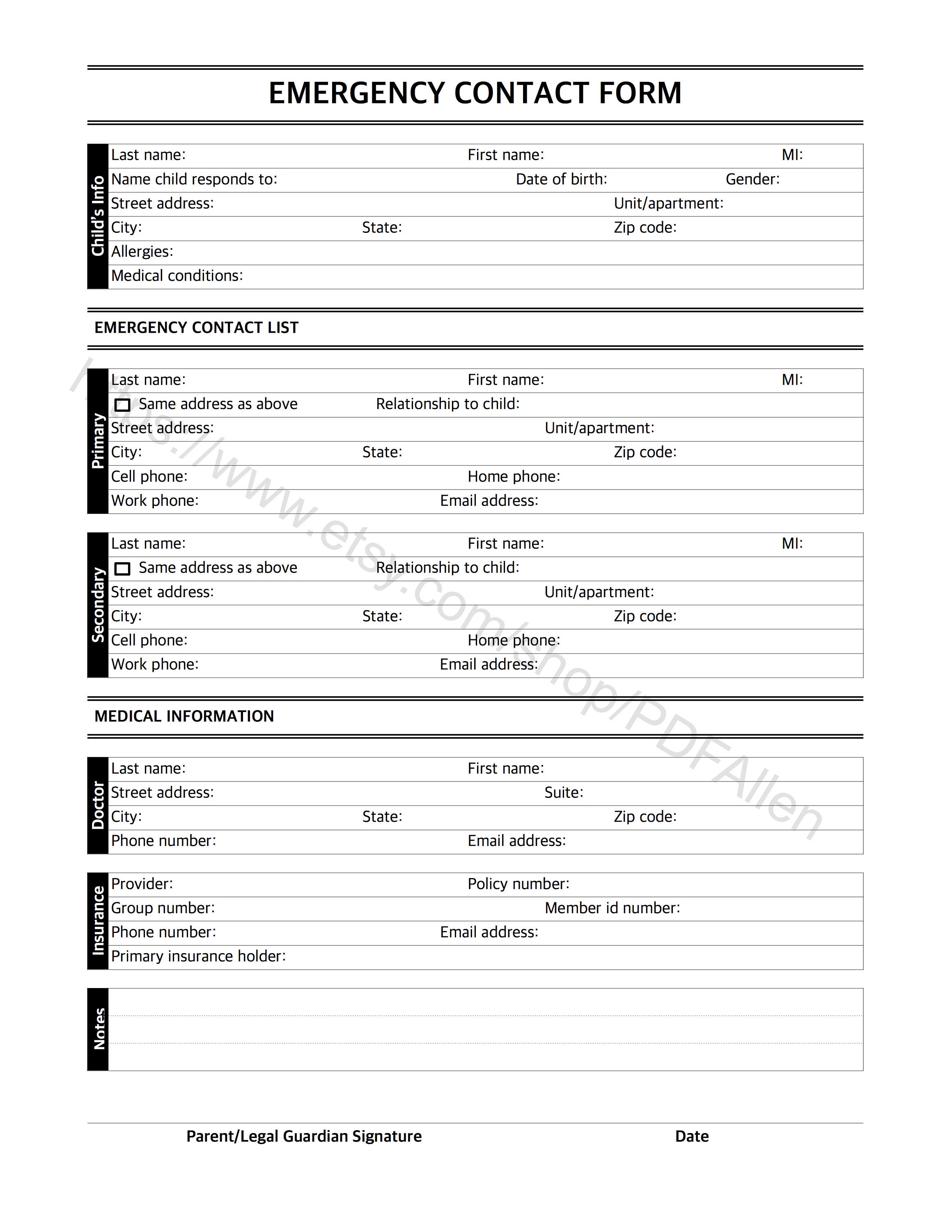Daycare Emergency Contact List. Emergency Contact Form. Printable PDF ...