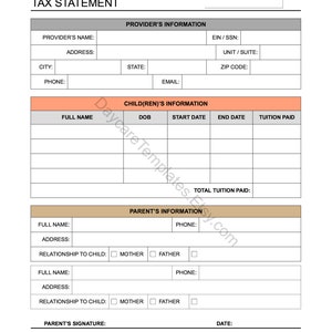 Editable Daycare Tax Statement Form. Daycare Tax Receipt. Daycare Tax ...