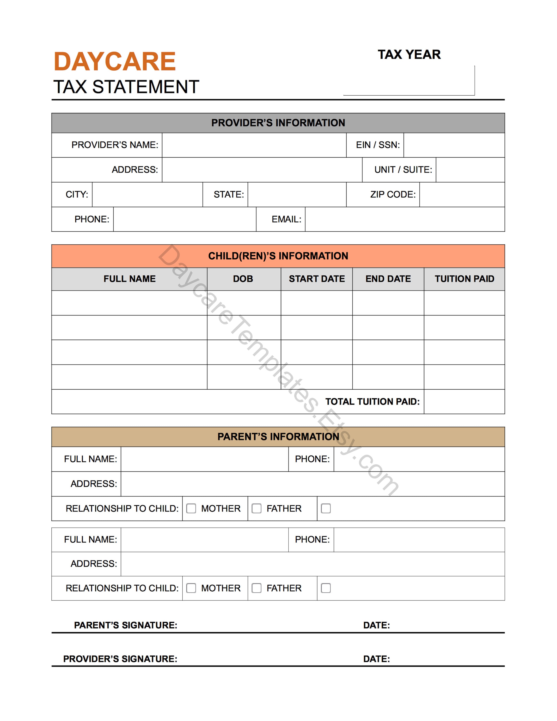 Editable Daycare Tax Statement Form. Daycare Tax Receipt. Daycare Tax ...
