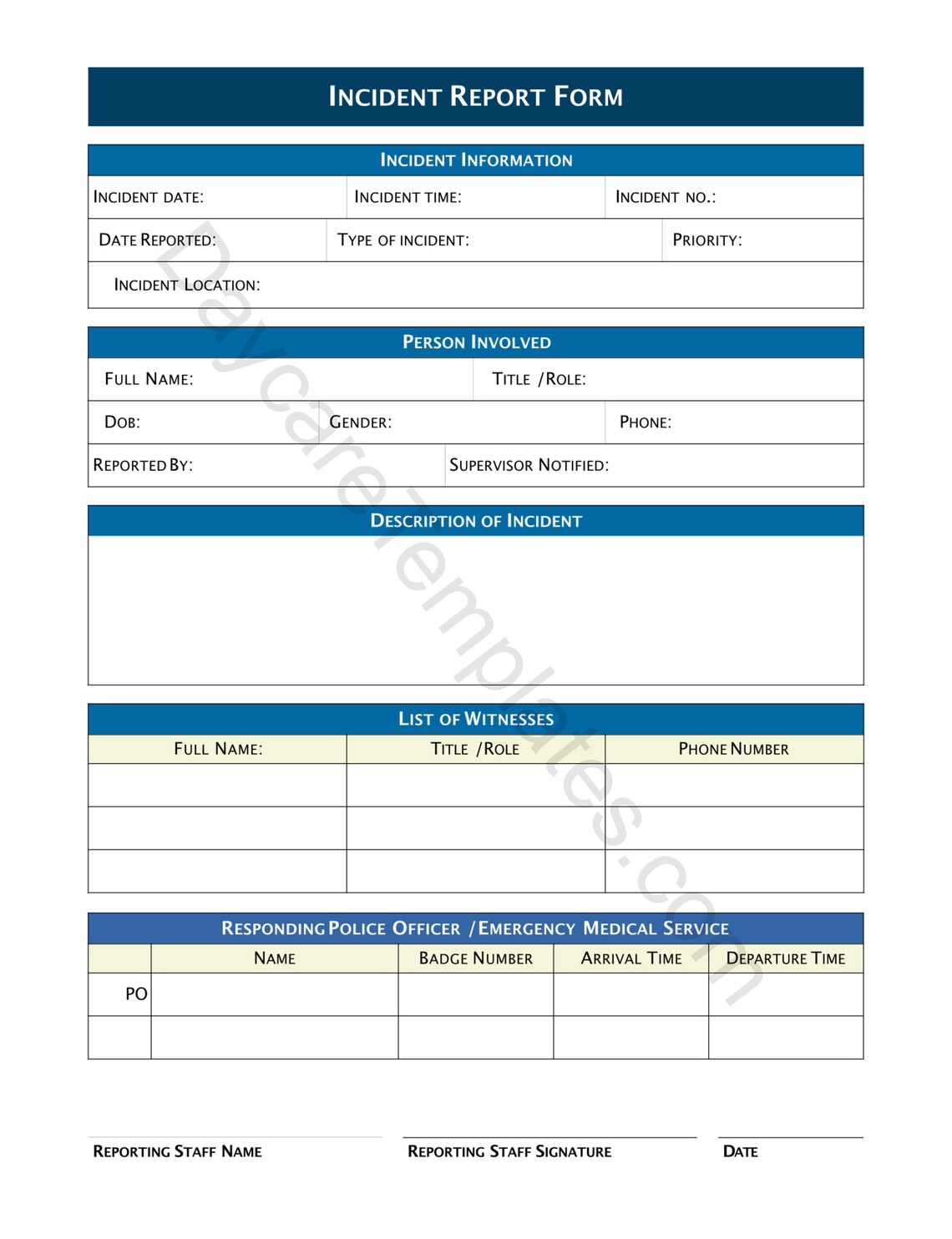 Editable Incident Report Form - Accident Report Form - Daycare Incident ...