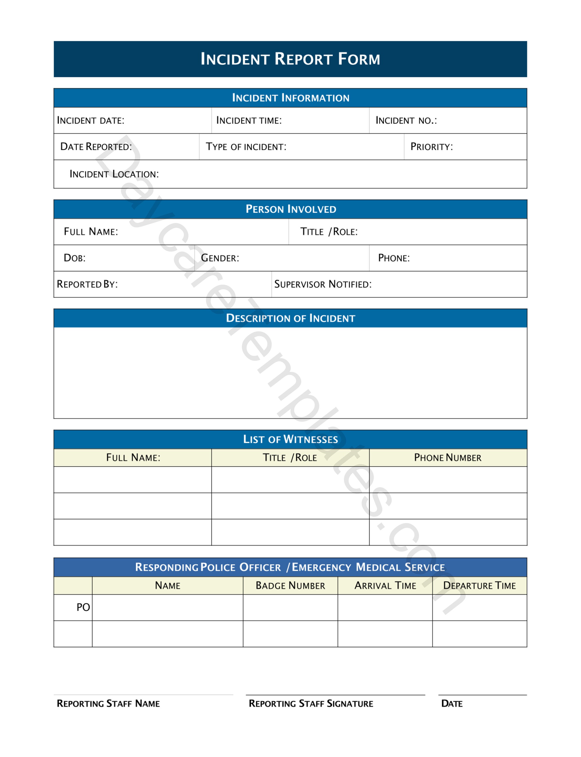 Editable Incident Report Form - Accident Report Form - Daycare Incident ...