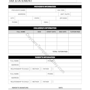 Editable Daycare Tax Statement Form. Daycare Tax Receipt. Daycare Tax ...